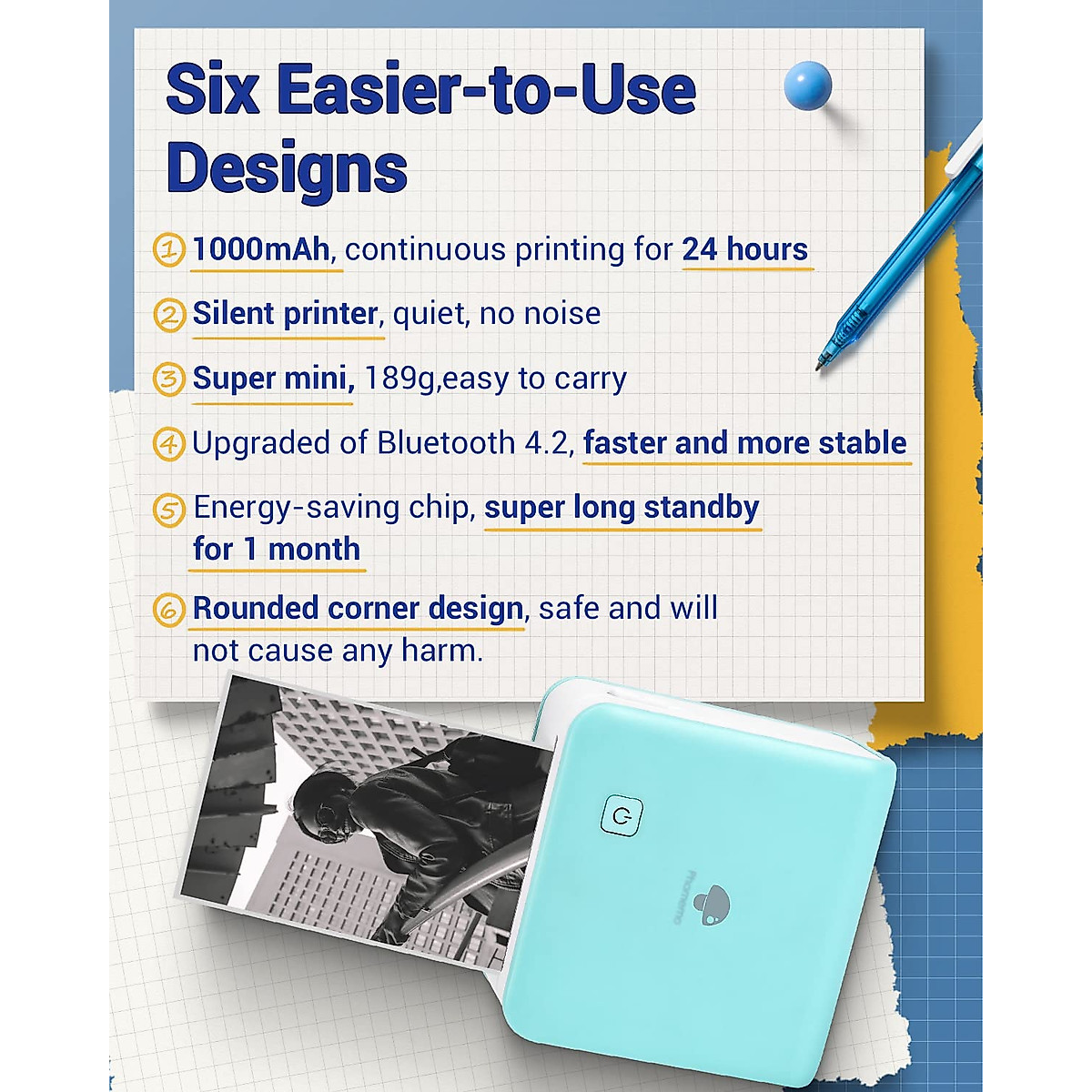 Memoking Inkless Bluetooth Printer - HD 300dpi Photo Sticker Printer Machine Mini - M02 Pro Thermal Mini Printer for Pad&Phone - 2" Mini Sticker Maker Machine Printer for Memo,Photo,DIY,Fun,1D/QR,Logo