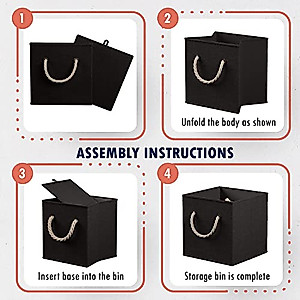 Ornavo Home Foldable Collapsible Storage Box Bins Linen Fabric Shelf Basket Cube Organizer with Rope Handles - Set of 6-13 x 13 x 13 - Black