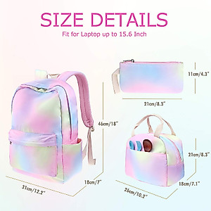 Junlion Rainbow Backpack Set 3-in-1 Kids School Bag, Laptop Backpack Lunch Bag Pencil Case Gift for Teen Girls Womens