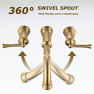 WINKEAR Wall Mount Bathroom Sink Faucet 3 Hole Brushed Gold 2 Lever Handles 8 inch Widespread Lavatory Faucet 360° Swivel Spout Brass Rough-in Included