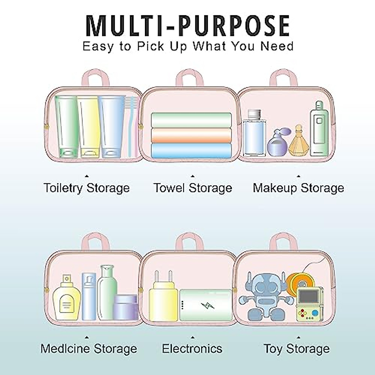 Bunnychill TSA Approved Toiletry Bag With Handle Strap,2 Pack PVC Clear Cosmetic Bags for Women Men, Carry on Airport Airline Compliant Bag,waterproof Transparent Makeup Travel Bags(S+M-Pink)