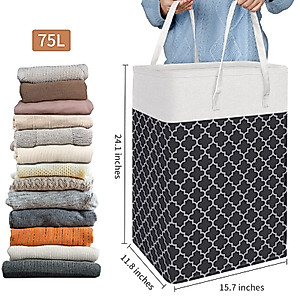 HomeHacks Laundry Baskets, Laundry Hamper with Long Handles, Collapsible Waterproof Clothes Hamper, Tall Laundry Bin, Clothes Hamper for Bedroom, Bathroom, Dorm, 75L, 3-Pack, Black