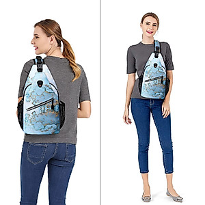 MOSISO Sling Backpack, Multipurpose Travel Hiking Daypack Watercolor Marble Rope Crossbody Shoulder Bag, Blue