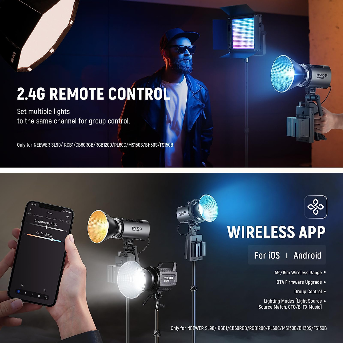 NEEWER MS60C RGBWW LED Video Light with 2.4G/APP Control, 65W Metal Mini RGB COB Continuous Output Lighting Bowens Mount Handheld Spotlight 2700K-6500K,8300lux/1m, CRI 97+/TLCI 98+,17 Effects + RGBCW