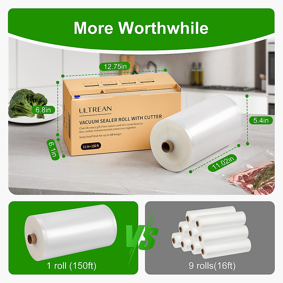 Ultrean 11" x 150' Vacuum Seal Roll Keeper with Cutter, Commercial Grade Vacuum Sealer Bags for Food Saver,BPA Free,Ideal for Storage,Meal Prep and Sous Vide (11" x 150')