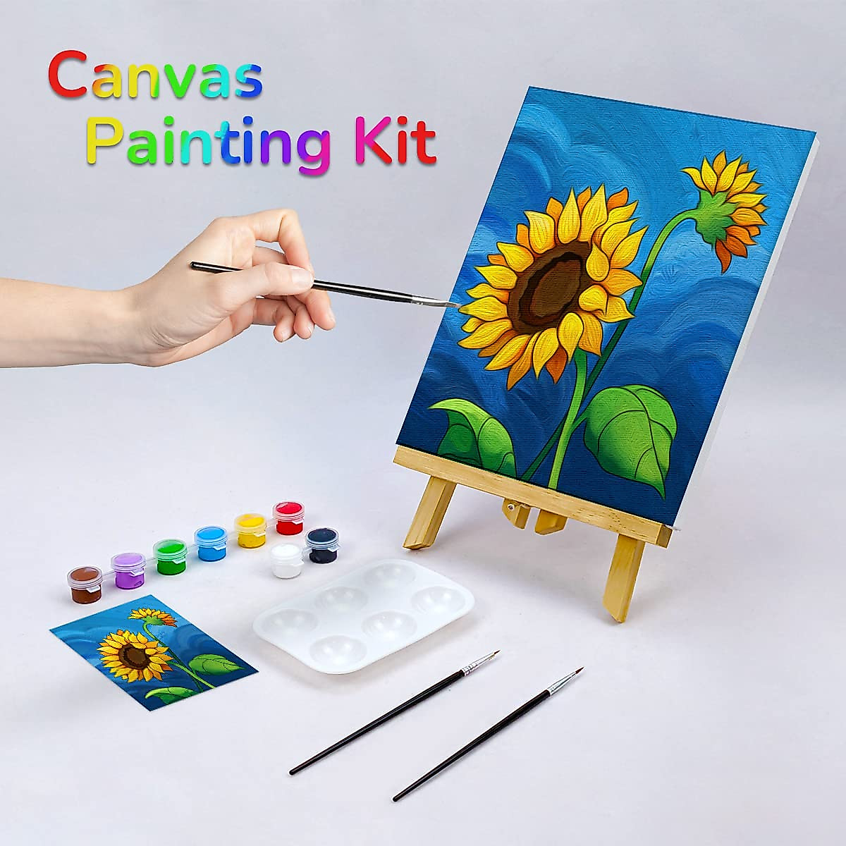 VOCHIC Canvas Painting Kit, 8x10 Pre Drawn Sunflower Art, 8 Acrylic Colors, 3 Brushes, Pallet, Adult Party Supplies
