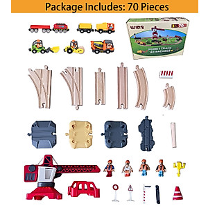 Winb Wooden Train Tracks 70pcs & Construction site Wooden Train Track, Gift Packed Toy Railway Kits for Kids, Toddler Boys and Girls Premium Wood Construction Toys-Fits 70pcs