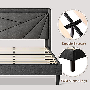 Einhomn Full Size Upholstered Bed Frame with Charging Station, Platform Bed Frame with Storage Headboard, Solid Wood Slats Support, No Box Spring Needed, Dark Gray