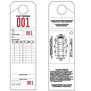 100 Tags. 3-Part Valet Parking Tags with car Diagram. Numbered and Perforated to Create Valet Claim Ticket and Hang from Rear View Mirror. Perforated cardstock Key tag.