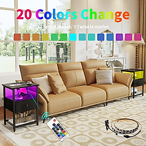 HDDDZSW LED Nightstands Set of 2 with Charging Station, Bedside Tables with USB Ports and Outlets, End Table with Fabric-Wood 2-in-1 Drawer for Small Spaces, Black Side Table for Bedroom, Living Room