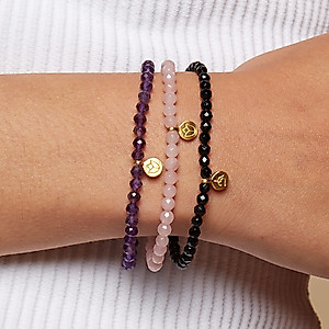 Satya Jewelry 4mm Rose Quartz and 18K Yellow Gold Plated Mini Lotus Stretch Women's Bracelet, 7"