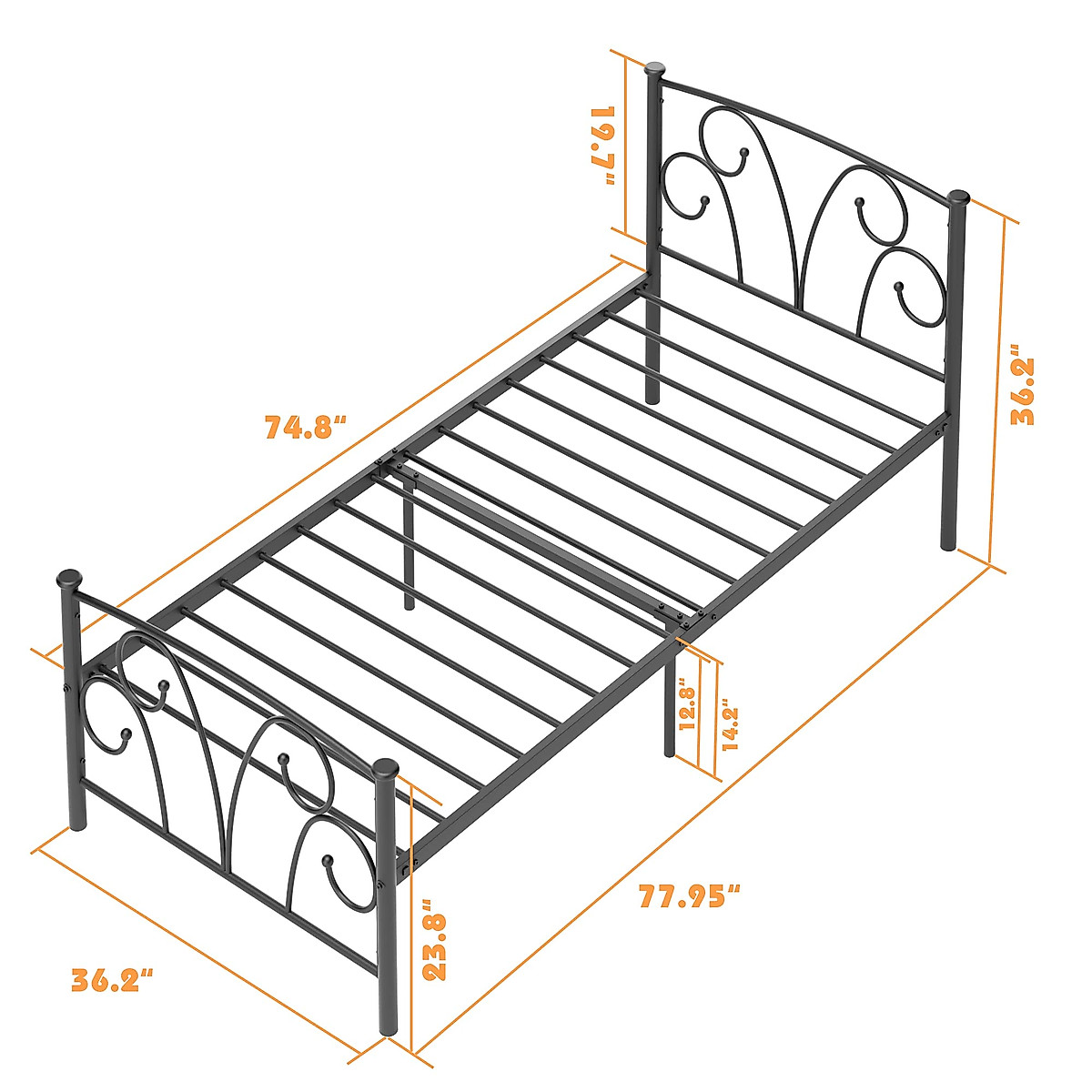Timy Kids Twin Bed Frame with Headboard and Footboard, Metal Platform Bed Frame with 12 Inch Storage Space for Boys Girls Teens Adults, No Box Spring Needed, Black