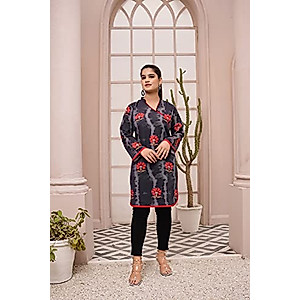 IshDeena Indian Pakistani Short Kurti Tunic Tops - Printed Khaddar Fabric for Women - Office & Casual Wear, Designer, M-3XL (Medium/Black)