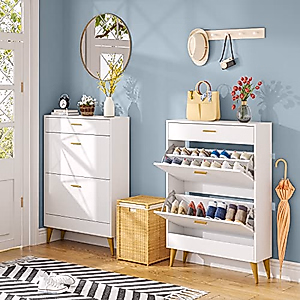 Tribesigns Shoe Cabinet, White Slim Shoe Storage Cabinet for Entryway, Modern 16 Pair Thin Shoe Rack Organizer with 2 Flip Drawers