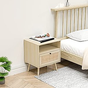 Rattan Nightstand with Drawer and Open Storage Shelves, Wood Finish End Table, Accent Side Table for Living Room, Bedroom
