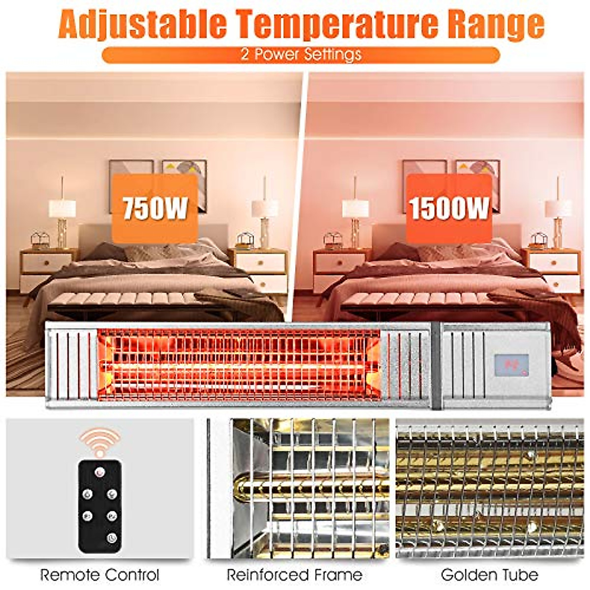 COSTWAY Wall-Mounted Patio Heater, 750W/1500W Infrared Heater with 9-Level Adjustable, 24H Timer, Auto Shut Off, Remote Control, Install Multi-Angle Adjustment, Outdoor Heater for Garage, Home