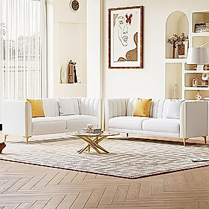 FOTOSOK 78'' Sofa, Modern White Sofas Couches for Living Room, Comfy Sofa Faux Leather Sofa 3 Seater Sofa with 2 Throw Pillows and Gold Metal Legs, Deep Seat Sofas for Living Room (Cream White)