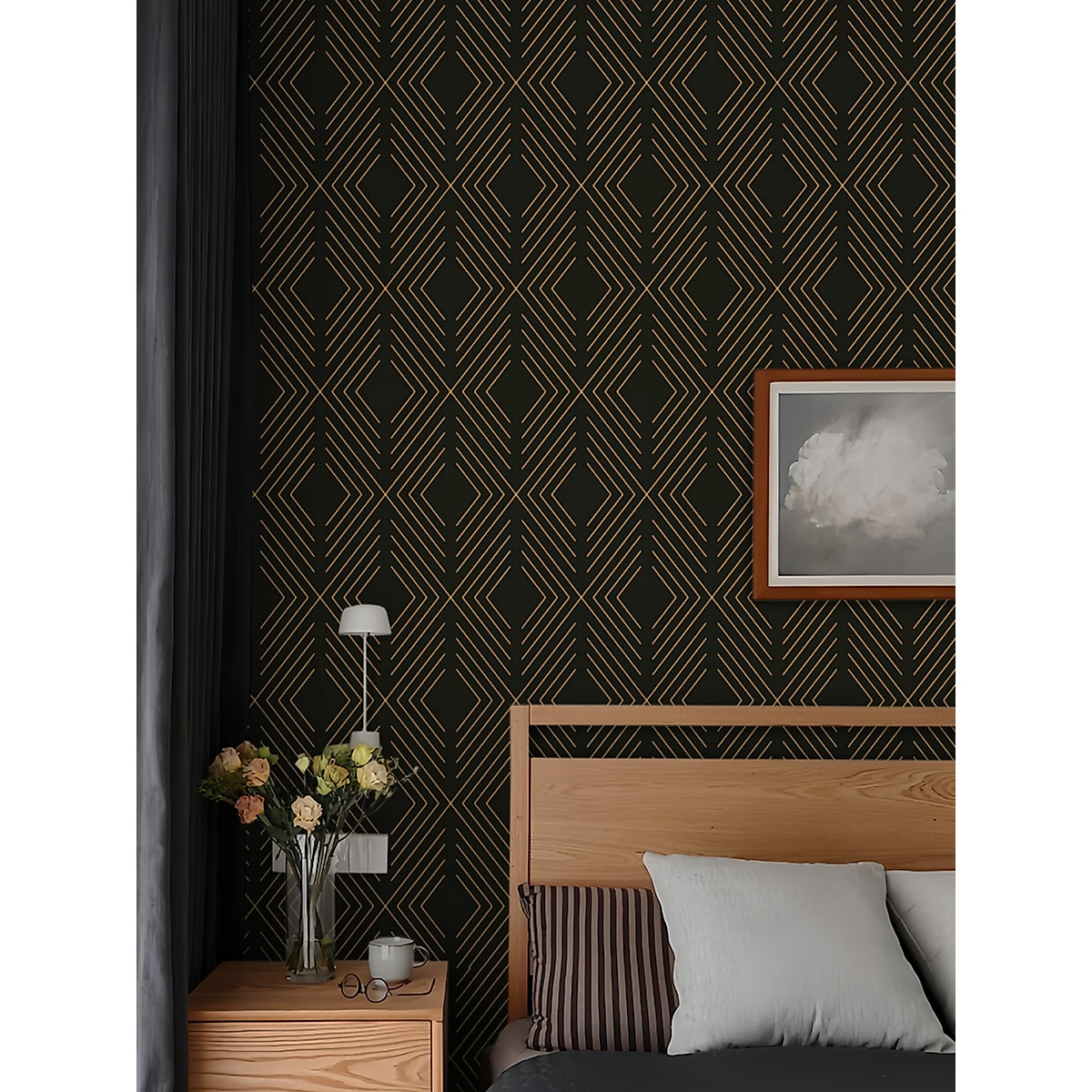 LiKiLiKi Geometric Peel and Stick Wallpaper Black and Gold Wallpaper Modern Contact Paper Boho Removable Self-Adhesive Decorative Wallpaper for Cabinets Bathroom Bedroom Kitchen Vinyl Roll 17.3”x118”