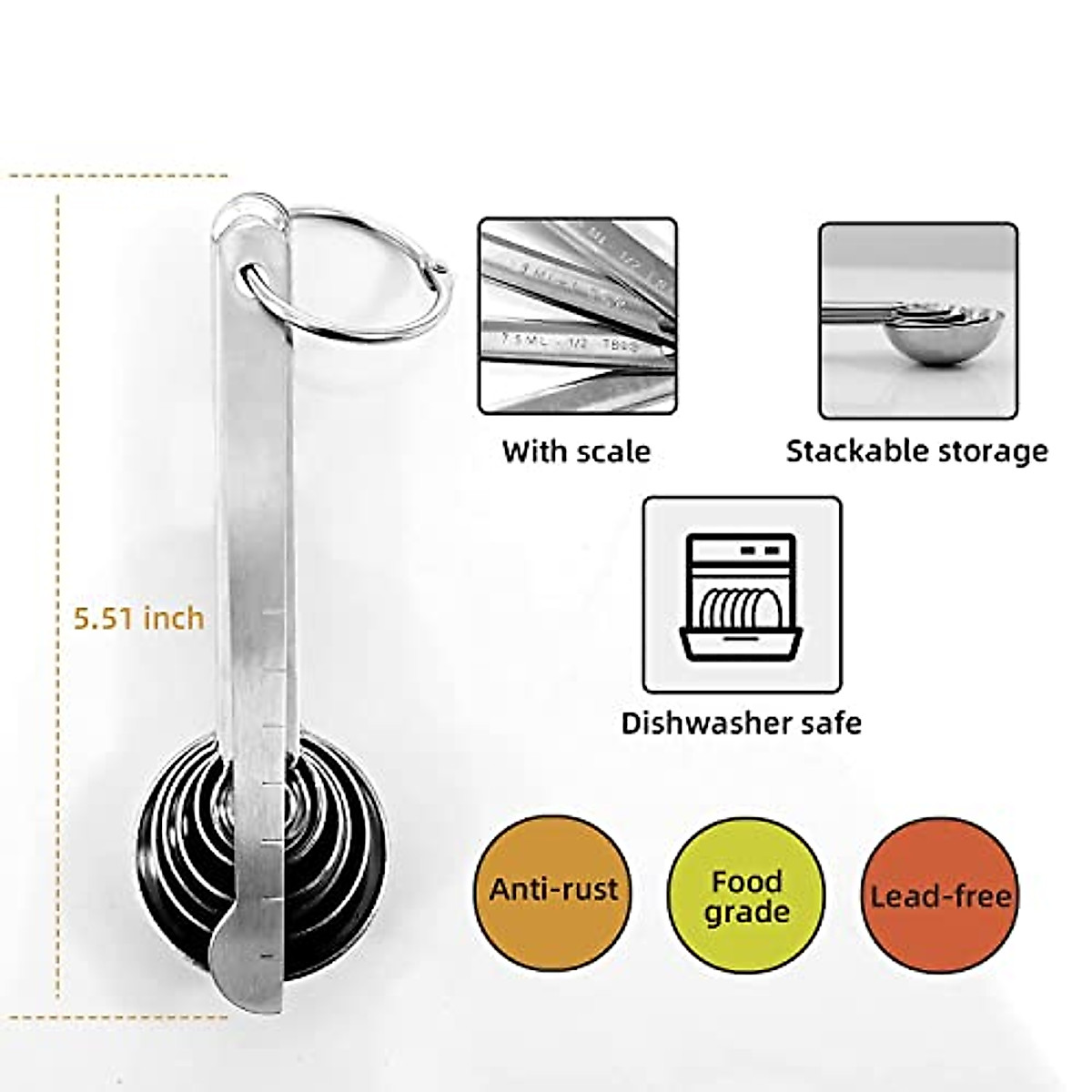 Measuring Spoons Set, Stainless Steel Teaspoon Measuring Spoons for Measuring Dry and Liquid Ingredients, Tablespoon Measure Spoon Set of 6 with Bonus Leveler, Dishwasher Safe