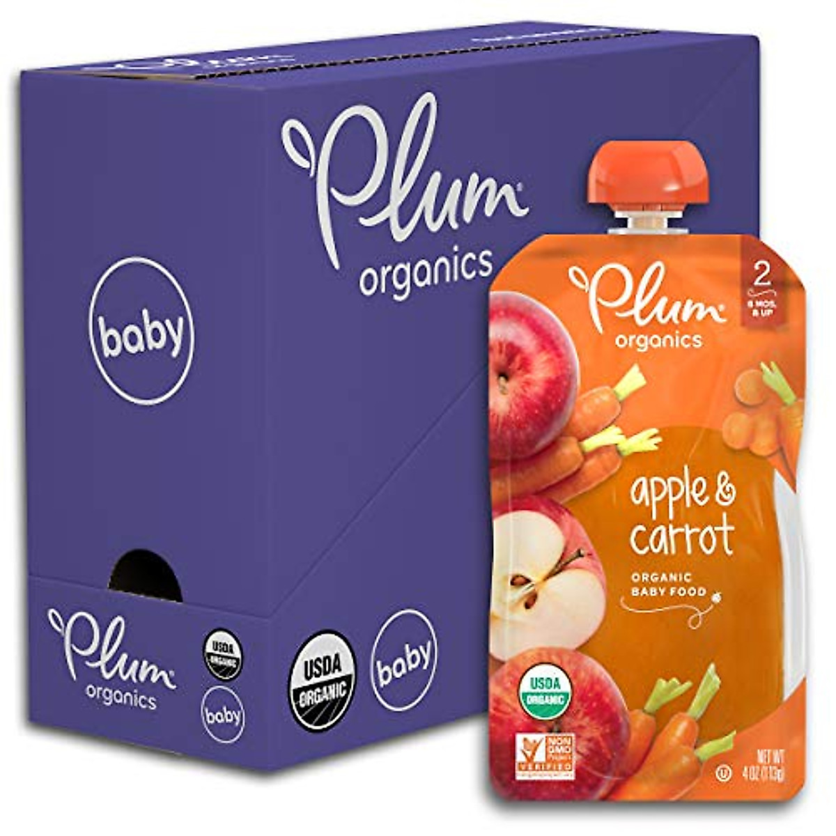 Plum Organics Apple and Carrot Baby Puree Food in Pouch, Organic Food Squeeze, Non GMO, 4 Ounce (Pack of 6)