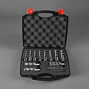 Annular Cutter Set 13 pcs JESTUOUS 3/4 Inch Weldon Shank 2 Cutting Depth and Cutting Diameter from 7/16 to 1-1/16 for Drill Press HSS Standard Kit Two Flat with 2 Pilot Pins