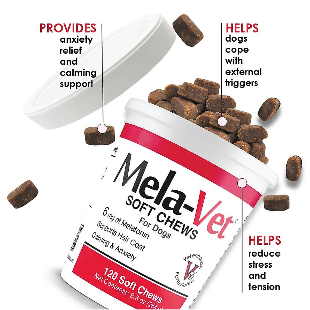 Mela-Vet Melatonin Calming Soft Chews for Dogs, Vet-Formulated to Provide Relaxation & Anxiety Relief, Helps Reduce Stress & Tension-Supports Healthier Skin & Coat.120 Tasty Soft Chews.