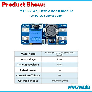 WWZMDiB MT3608 2A DC-DC Converter 2-24V to 5-28V Adjustable Boost Module (3 Pcs)