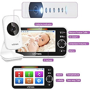 VTimes Baby Monitor Video Baby Monitor with Camera and Audio No WiFi 5" LCD Screen, Two-Way Audio, Night Vision,1000ft Range, 2X Zoom Temperature Display, Lullaby Elderly Pet