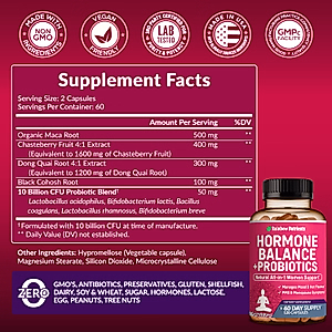Hormone Balance + Probiotics for Women- Natural Menopause Relief, Weight Management, Bloating, Hot Flashes, PMS | Organic Maca, Chasteberry, Dong Quai & Black Cohosh | Non GMO |120 V Capsules