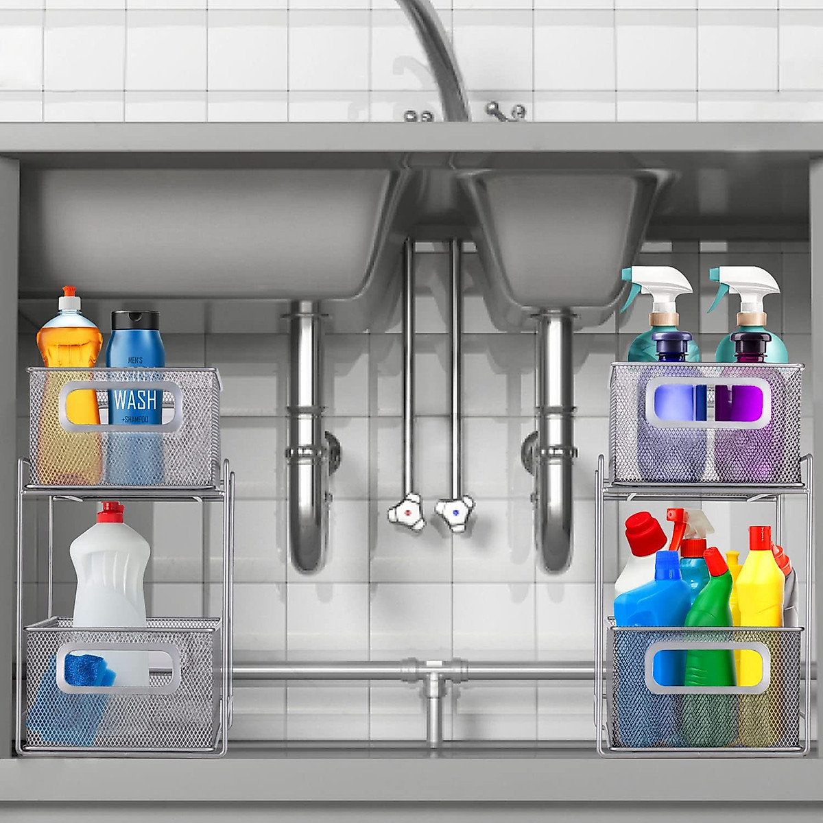 Artestia Under Sink Organizers and Storage Pull Out Drawers 2 Tiers Mesh Sliding Bathroom Cabinet Organizers Baskets Multipurpose Storage Shelf for Bathroom Kitchen, Silver