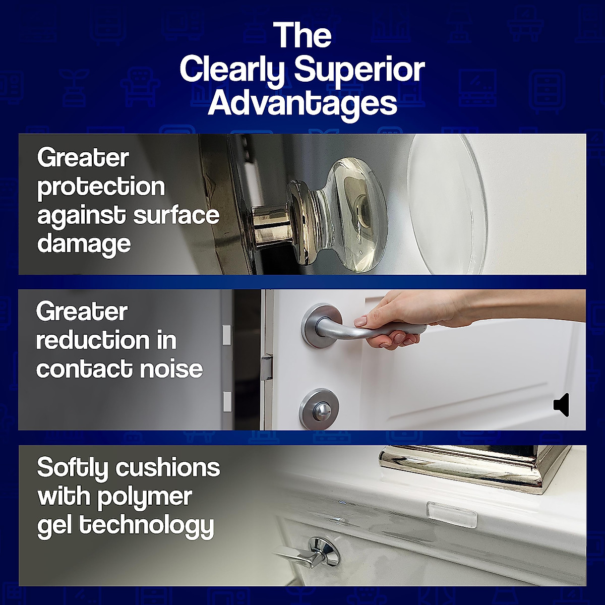 12-Pack Clearly Superior Gel Bumpers. Small Rectangle 1.5" x .5" Protects Surfaces & Quiets Contact. Use on Furniture, Doors, Cabinets, Walls & Appliances. Self Adhesive, Just Press to Apply