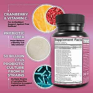 Viva Naturals Probiotics for Gut Health with Prebiotic Fiber, Cranberry & Vitamin C-50 Billion CFU Pre & Probiotics for Women Digestive Health, Vaginal Health from 18 Strains-Shelf-Stable 60 Capsules