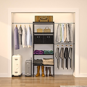 Homde Closet Organizer Storage System with 2 Storage Drawers and 3 Expandable Stainless Steel Hanger Rods,Bamboo Clothing Garment Rack,Freestanding Wardrobe Closet for Bedroom,Black