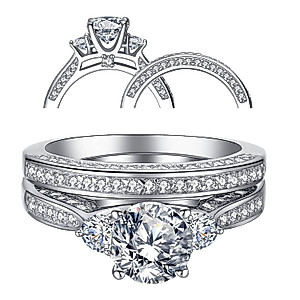 MABELLA 3 Silver Wedding Ring Set 2.3 Carats Round Cut Cubic Zirconia Gifts for Women Size 7