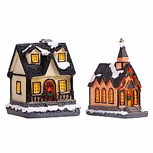 NUOBESTY Christmas Village Houses Set, 2PCS Luminous Christmas Scene Village Resin Christmas House Light up Christmas Decoration Tabletop Ornaments