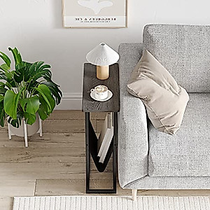 Yusong Small Narrow Side Table for Small Spaces, Slim End Table Magazine Table Nightstand with Storage Holder, Accent Skinny Snack Couch Bedside Table, Grey