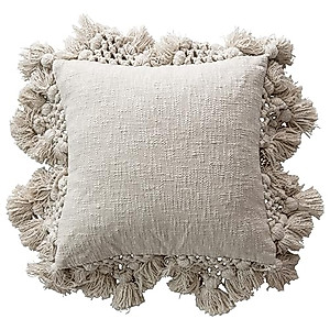 Creative Co-Op Cotton Slub Pillow with Crochet and Tassels, 1 Count (Pack of 1), Cream