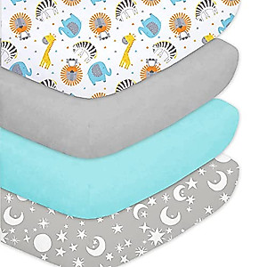 bimocosy Fitted Crib Sheets for Boys 4 Pack, Size 28"x 52" for Standard Crib and Toddler Mattresses, Super Soft Breathable Microfiber Baby Crib Mattress Sheet, Stars/Woodland Animals/Grey/Light Green