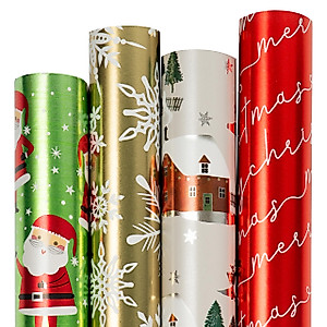 JAMPaper Assorted Gift Wrap - Christmas Foil Wrapping Paper - 100 Sq Ft Total - Elegant Merry Christmas Reindeer Set - 4 Rolls/Pack