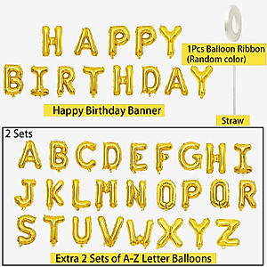 Happy Birthday Banner,Personalized Name Happy Birthday Balloon Banner Letters Balloons 2 Sets A-Z 16 Inch Reusable Foil Mylar Birthday Party Decorations for Women Men Boys Girls (Gold)