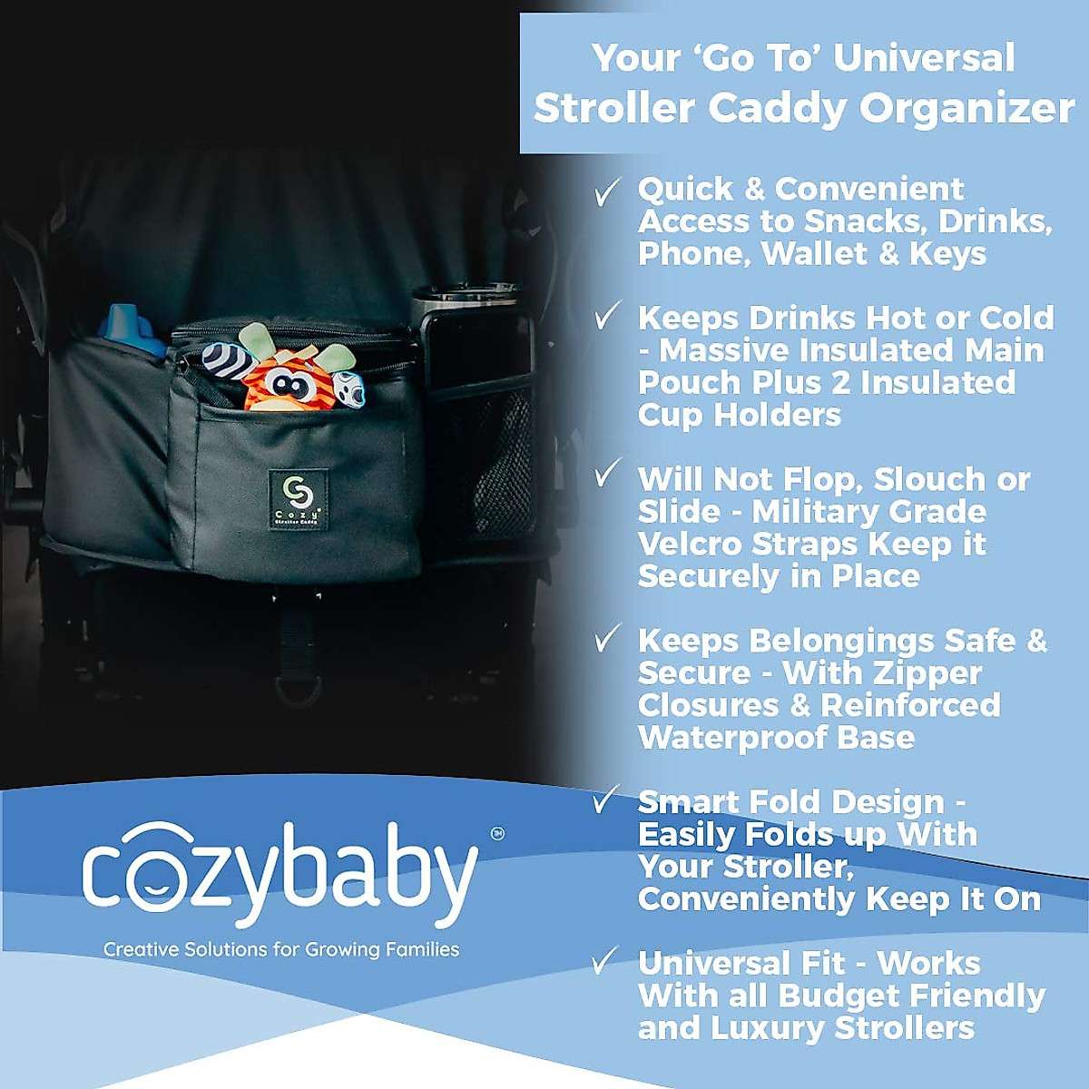 Cozy Stroller Caddy Organizer (Black, Insulated) - Everything Mom Needs on Stroller - 2 Deep Cup Holders, 3 Separate Spaces, Front Cellphone Holder, Wallets, Diapers, Milk