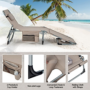 Tangkula Beach Lounge Chair, Outdoor Folding Tanning Chair with Face/Arm Hole, 2 Carry Handle, Pillow, Adjustable Backrest, 400 LBS Face Down Sunbathing Chair for Outside Beach Poolside