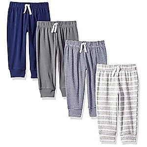 Amazon Essentials Baby Girls' Cotton Pull-On Pants, Pack of 4, Grey Heather/Navy/Stripe, 0-3 Months