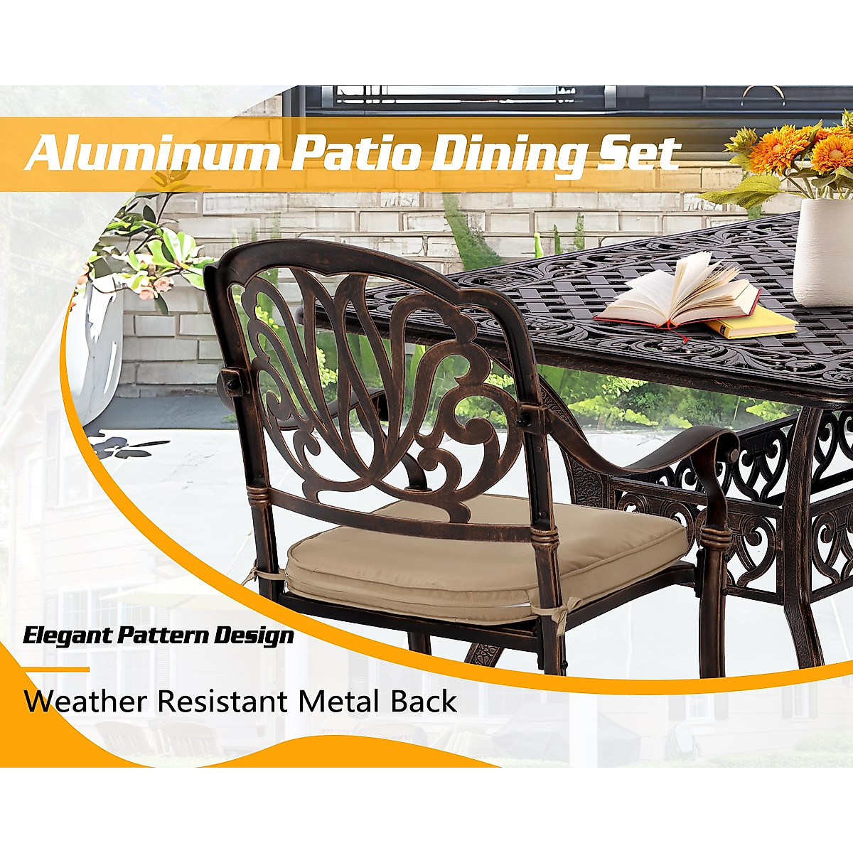 TITIMO Cast Aluminum Patio Dining Set 7-Piece with Cast-Top Rectangular Table and 6 Flower Chairs with Cushions,Outdoor Furniture Set for Backyard Porch Pool (Khaki)
