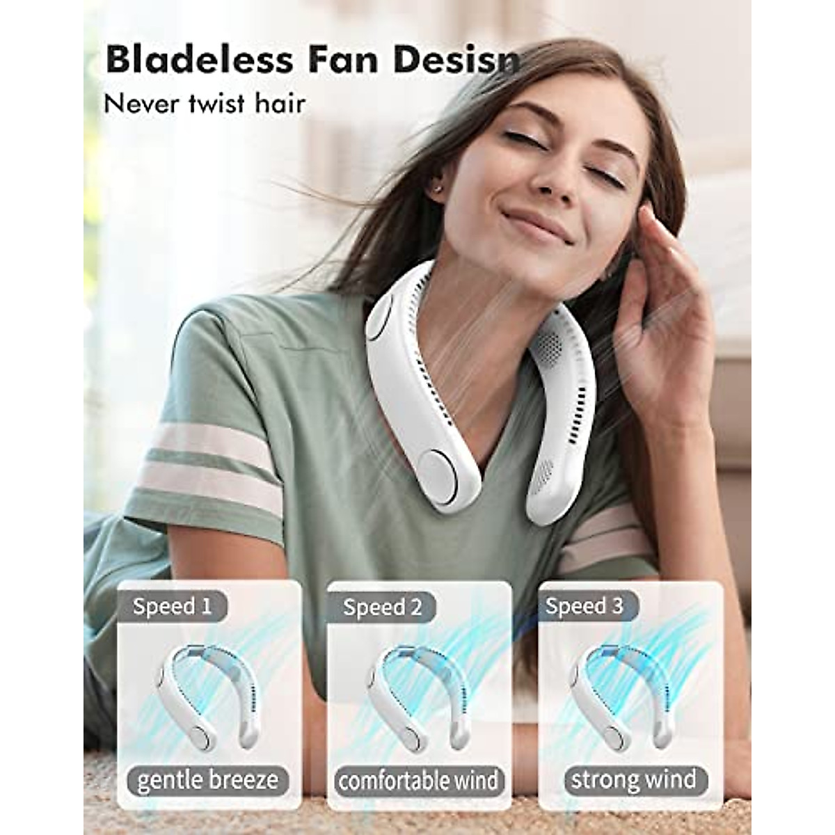 Portable Neck Fan, Personal Neck Fan Hands Free Bladeless Fan, 4000mAh Battery Operated Wearable Fan, 3 Speed, 360 Degree Cooling, Leafless, USB Rechargeable Fan