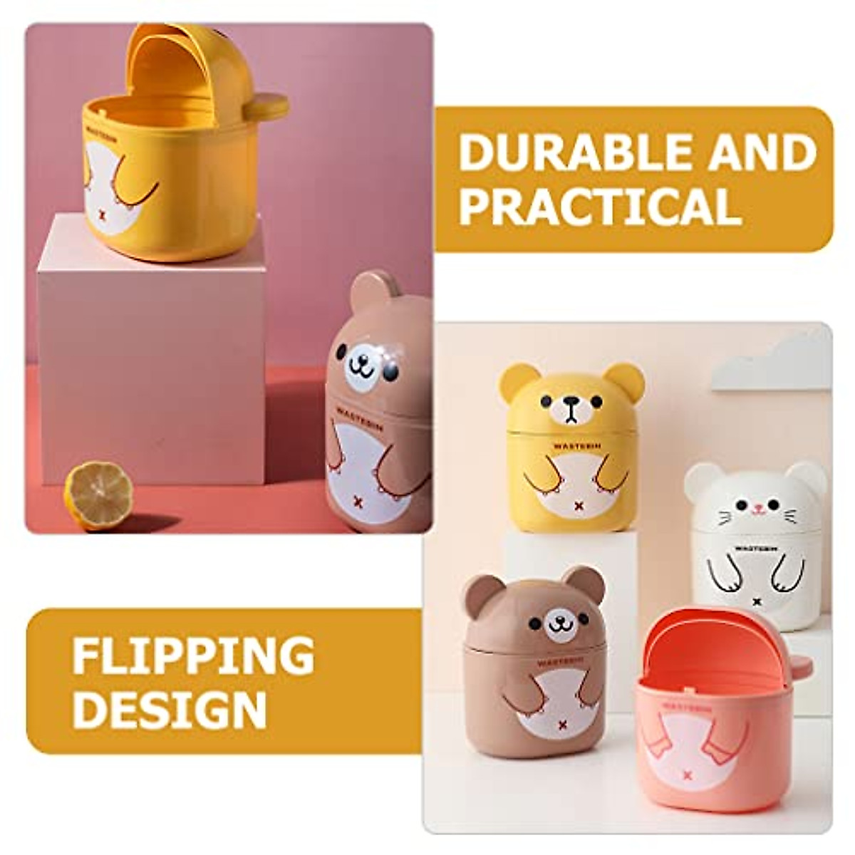 LIFKOME Cute Mini Desktop Trash Can Desktop Cartoon Bear Garbage Can Cute Plastic Trash Can Shake Cover Bucket Small Paper Basket Flipping Trash Bin for Kitchen Yellow
