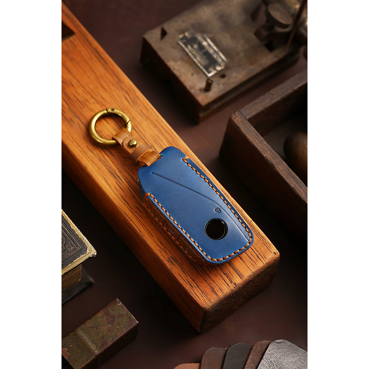 SANRILY Handmade Leather 4 Button Smart Key Fob Cover for BMW I7 M Sport 2023 X7 X1 IX M5 Keyless Full Protection Key Case with Keychain Blue