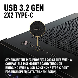 MSI MEG Prospect 700R – 4.3" Touch Panel Display - Tempered Glass Side Panel - Vertical GPU Mount – 4X ARGB 120mm Fan – Liquid Cooling Support up to 360mm Radiator x 1 – Cable Management System