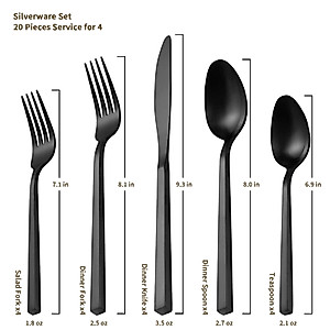 Alata Cube Black 20-Piece Forged Silverware Set Stainless Steel Flatware Set,Service for 4,Matte Satin Polished Cutlery Set,Dishwasher Safe