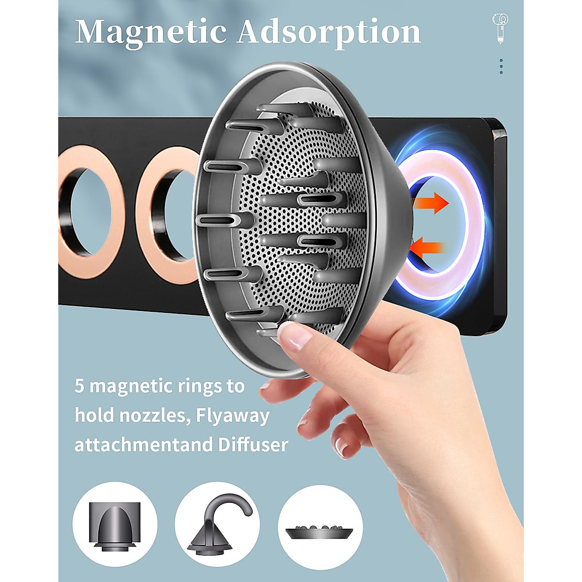 Magnetic Wall Mount Hair Dryer Holder for Dyson Supersonic with 5 Magnetic Rings for The Attachments, Premium Blow Dryer Holder Wall Mounted, Ultimate Convenience (Model A - Black)